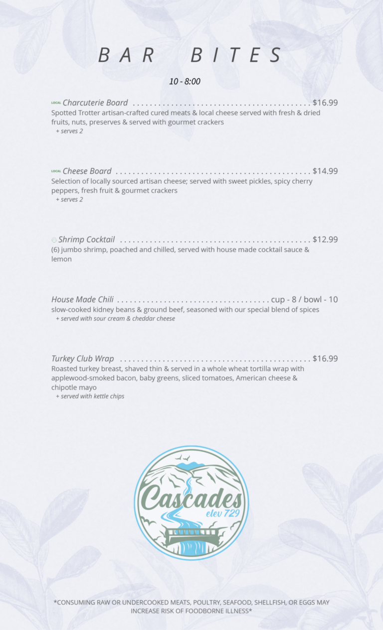 Cascades Menu - Amicalola Falls State Park & Lodge - Dawsonville, GA