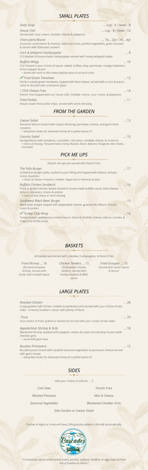 Cascades Menu - Amicalola Falls State Park & Lodge - Dawsonville, GA
